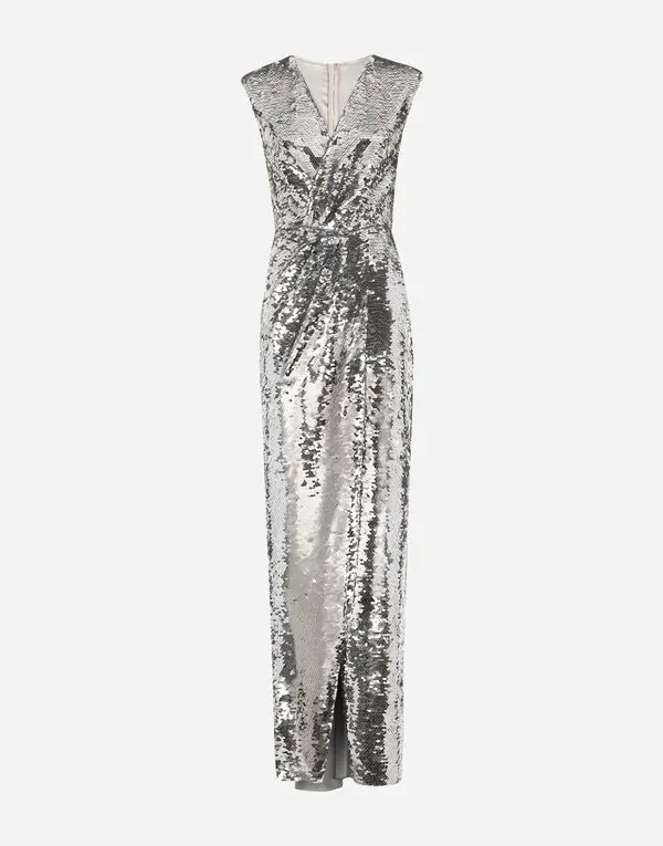 Dolce & Gabbana Long Sequined Draped Dress - Silver