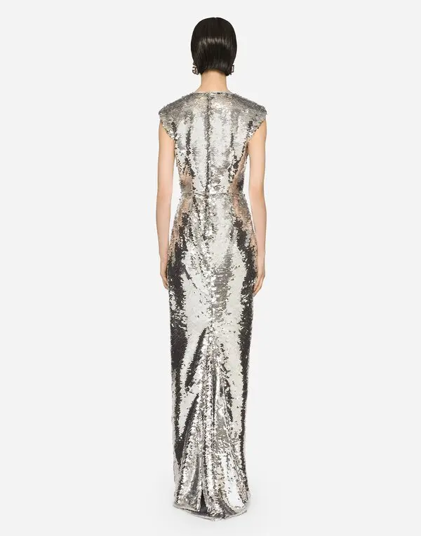 Dolce & Gabbana Long Sequined Draped Dress - Silver