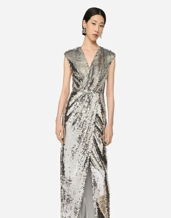 Dolce & Gabbana Long Sequined Draped Dress - Silver
