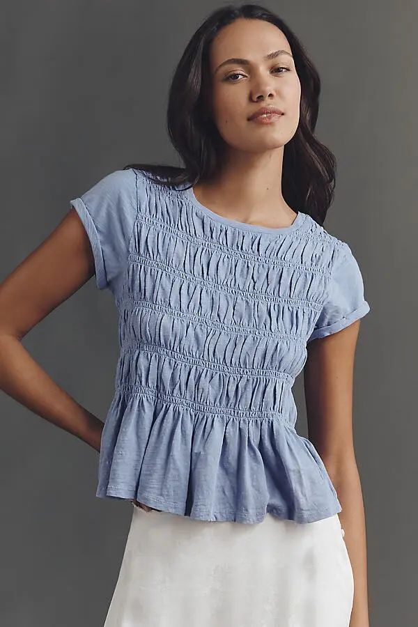 PILCRO Smocked Peplum Cotton Tee - Light Blue