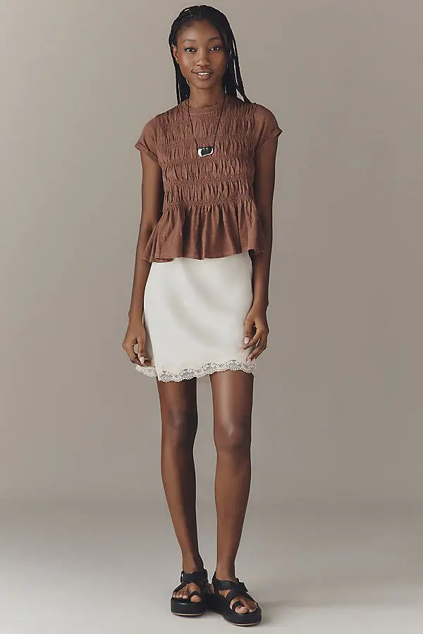 PILCRO Smocked Peplum Cotton Tee - Taupe