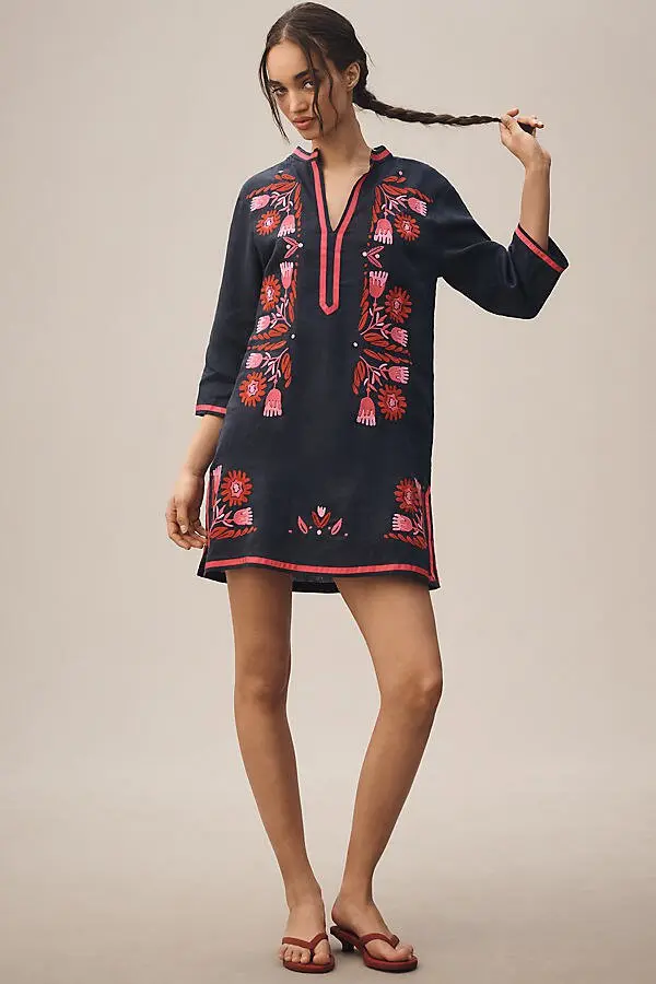 knee length dresses for ladies Rachel Mini Kaftan - Barocco Scallops - Black main image 1