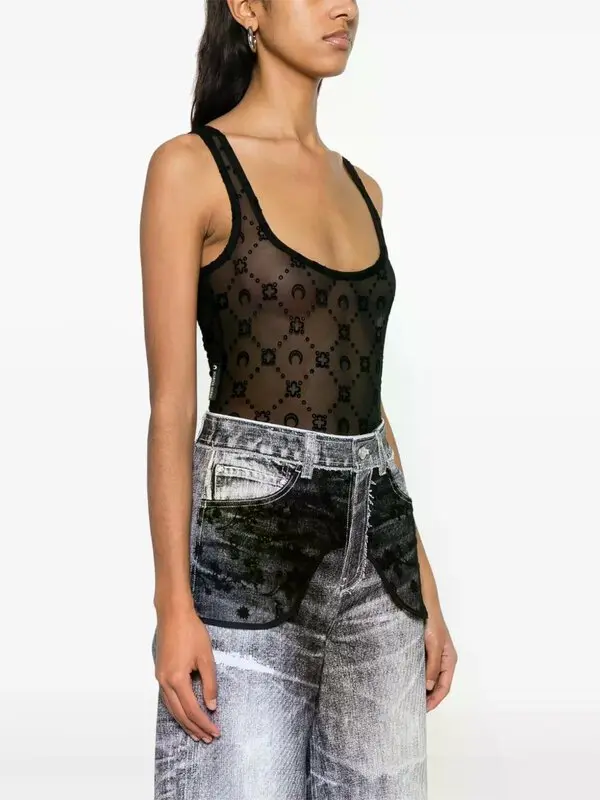 MARINE SERRE Flocked Moonogram Mesh Bodysuit - Black