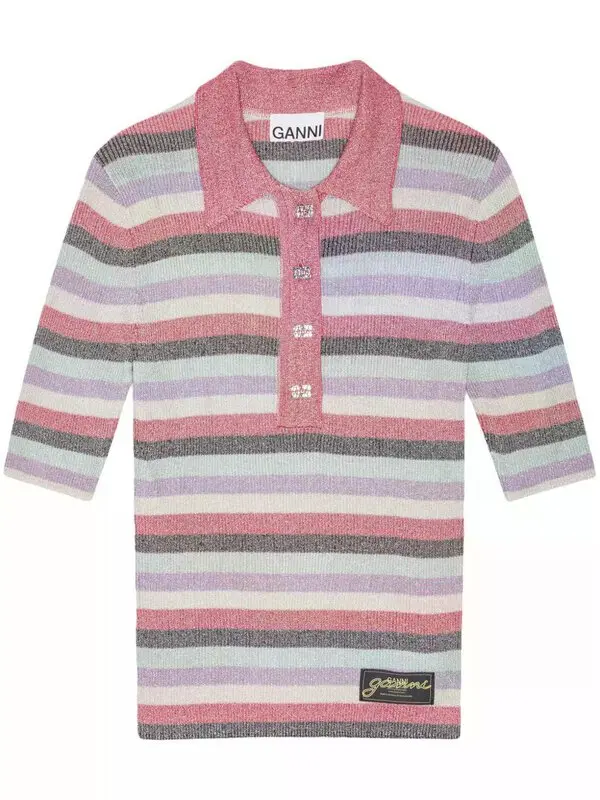GANNI Striped Lurex-knit Polo Shirt - Pink