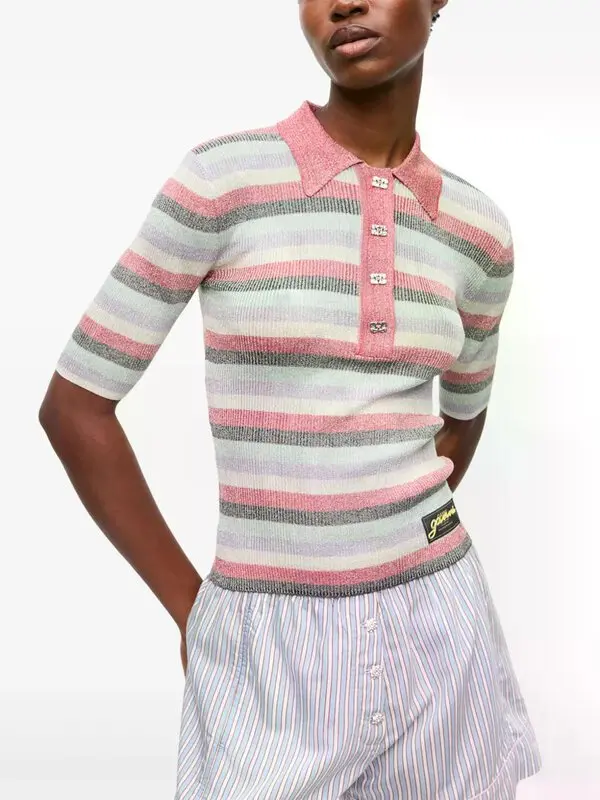 GANNI Striped Lurex-knit Polo Shirt - Pink