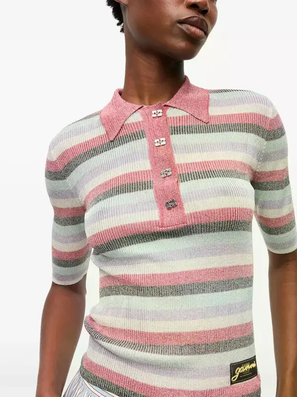 GANNI Striped Lurex-knit Polo Shirt - Pink