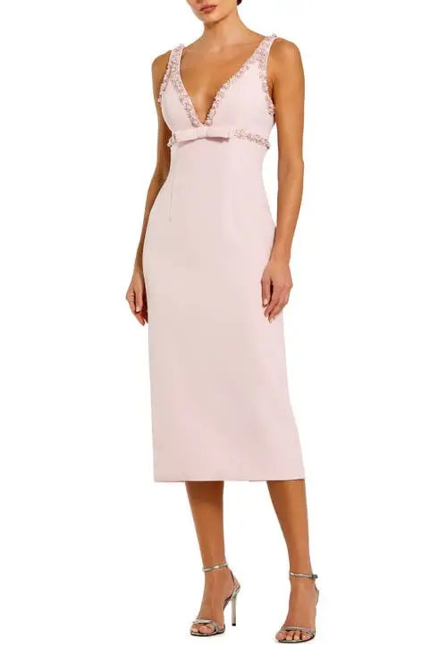 Mac Duggal Beaded Bow Trim Fitted Midi Dress - Blush