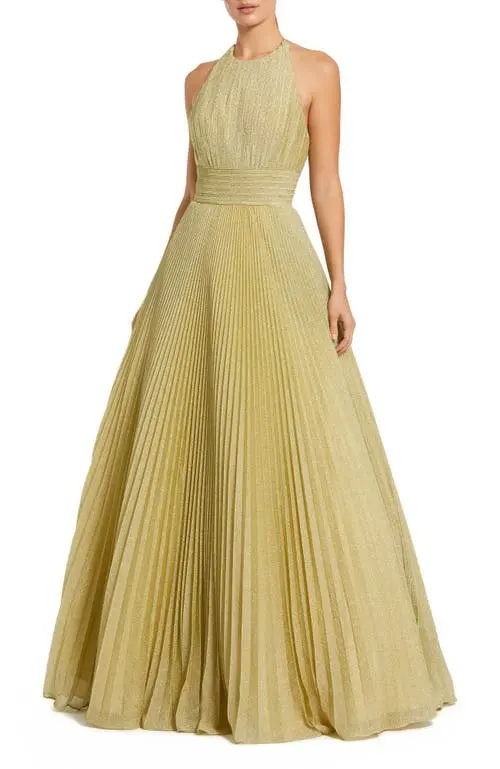 Mac Duggal Shimmering Pleated Gown With Open Back - Gold
