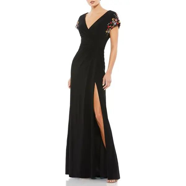Mac Duggal Embellished Jersey Wrap Gown - Black Multi
