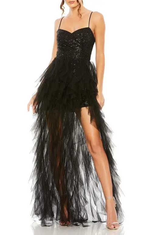 Mac Duggal Sequin High Low Mini Dress - Black
