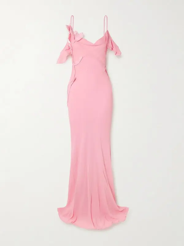 SELF-PORTRAIT Appliquéd Ruffled Cold-shoulder Georgette Maxi Dress