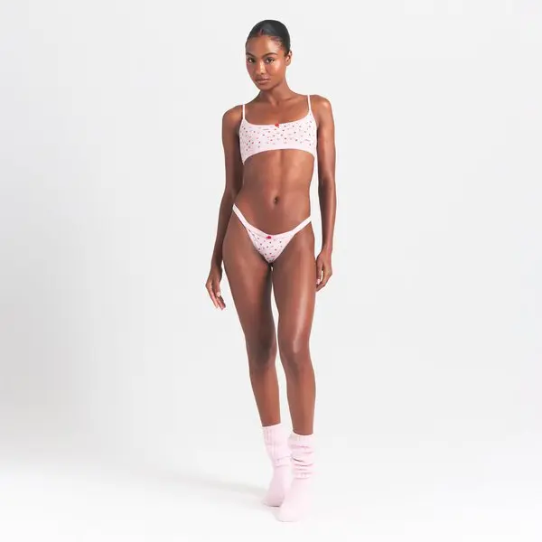 SKIMS Lightweight Cotton Logo Picot Thong - Baby Pink Arrowed Hearts