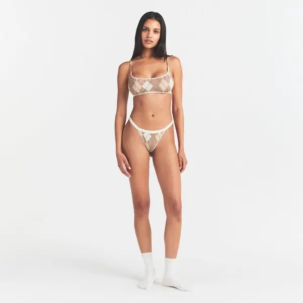 SKIMS Logo Picot Thong | Red | Medium | Lightweight Cotton - Cafe Argyle Print