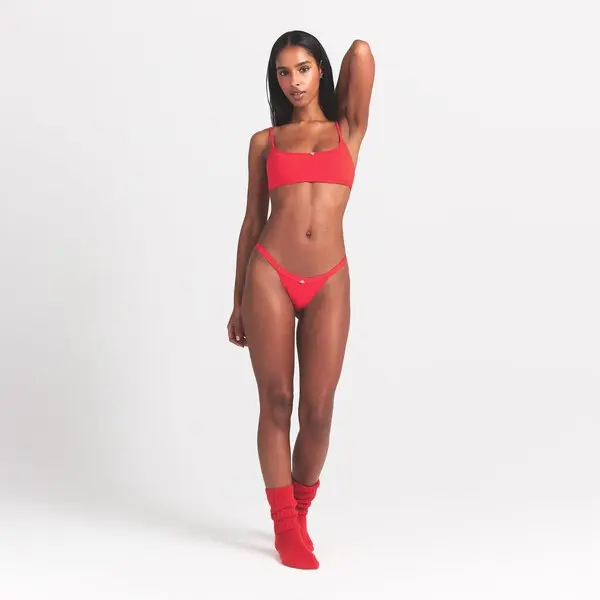 SKIMS Logo Picot Thong | White | | Lightweight Cotton - Ruby Tonal