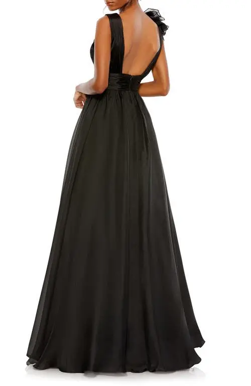 Mac Duggal Ruffle Shoulder V-neck Chiffon Gown - Black
