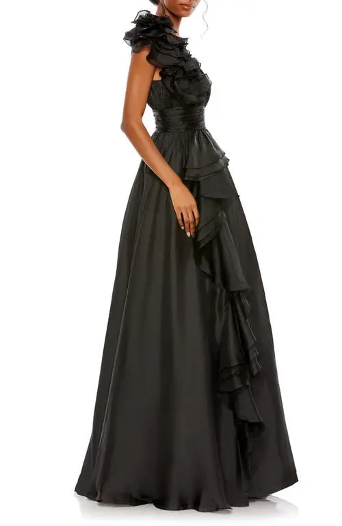 Mac Duggal Ruffle Shoulder V-neck Chiffon Gown - Black