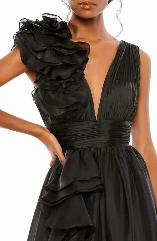 Mac Duggal Ruffle Shoulder V-neck Chiffon Gown - Black