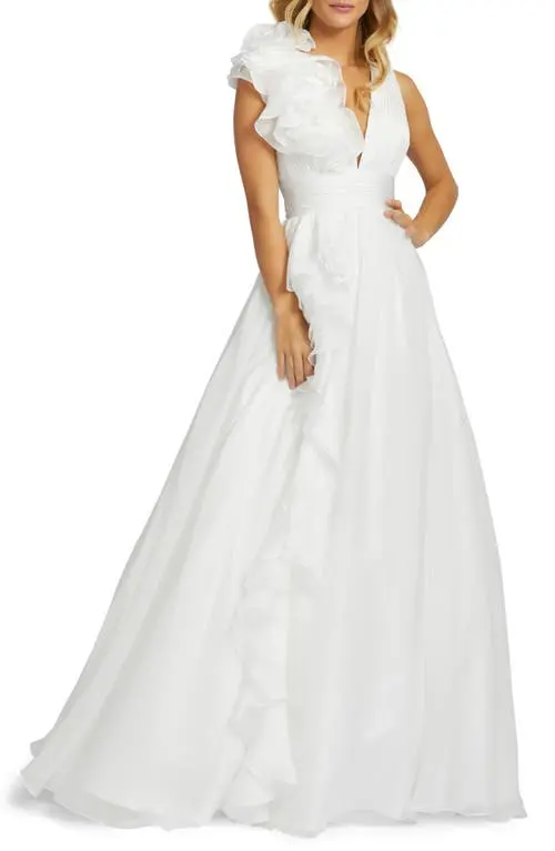 Mac Duggal Ruffle Shoulder V-neck Chiffon Gown - White