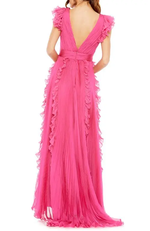 Mac Duggal Pleated Ruffle Cap Sleeve Flowy A Line Gown - Fuchsia