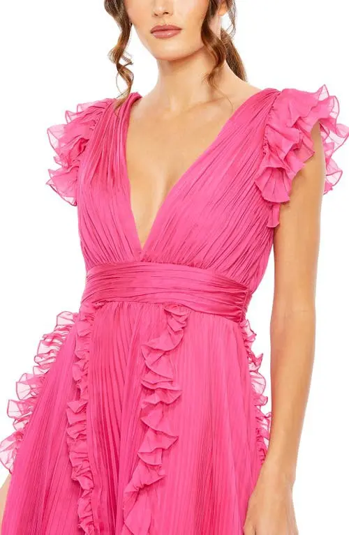 Mac Duggal Pleated Ruffle Cap Sleeve Flowy A Line Gown - Fuchsia