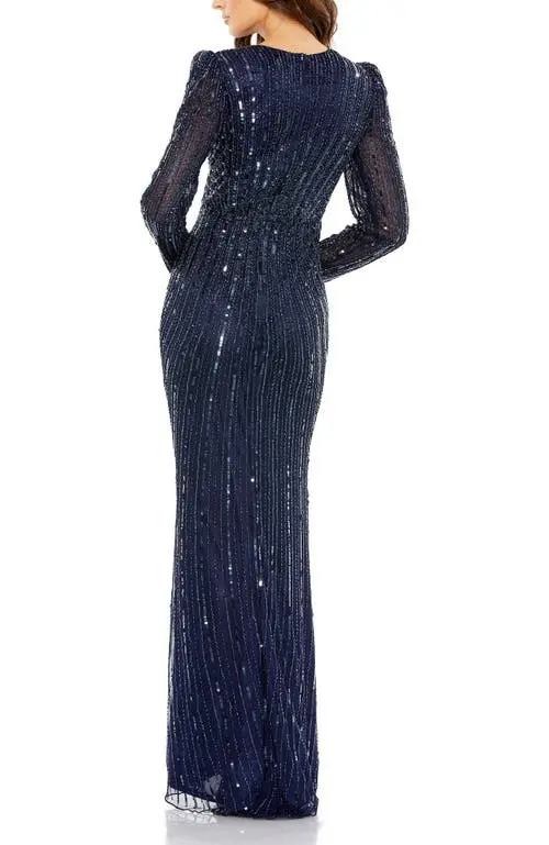 Mac Duggal Embellished Puff Sleeve Side Knot Gown - Navy