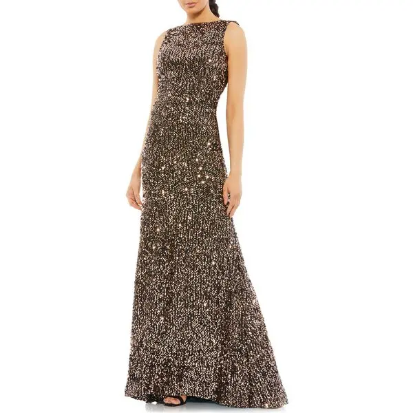 Mac Duggal Sleeveless Sequin Cowl Back Evening Gown - Bronze