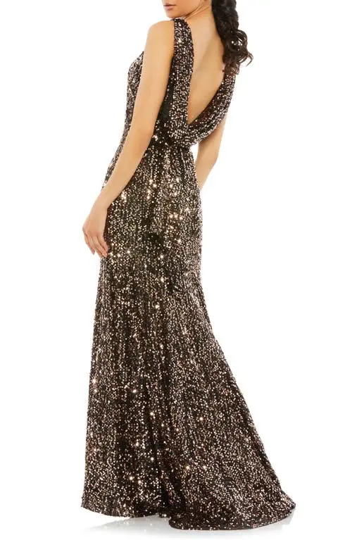 Mac Duggal Sleeveless Sequin Cowl Back Evening Gown - Bronze