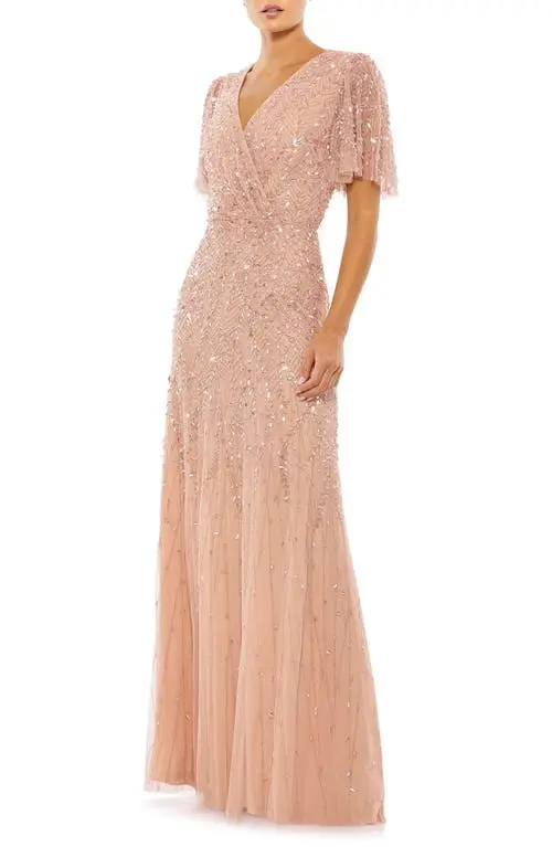 Mac Duggal Embellished Flutter Sleeve Gown - Nude