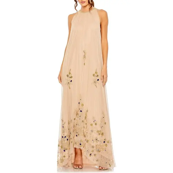 Mac Duggal High Neck Embellished Gown - Beige Gold