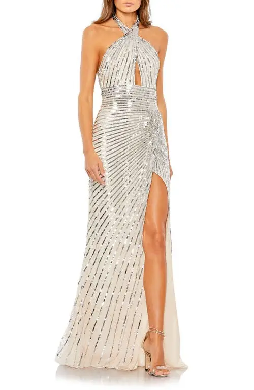 Mac Duggal Embellished Halter Gown - Nude Silver