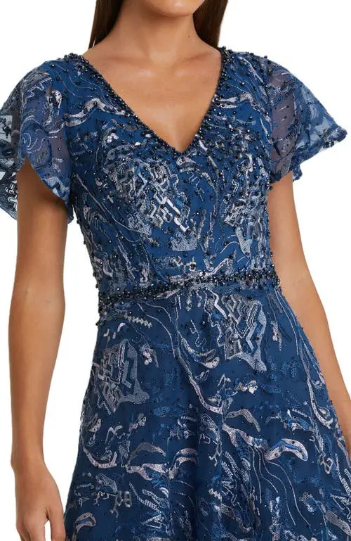 Mac Duggal Embellished Illusion Butterfly Sleeve A-line Gown - Navy
