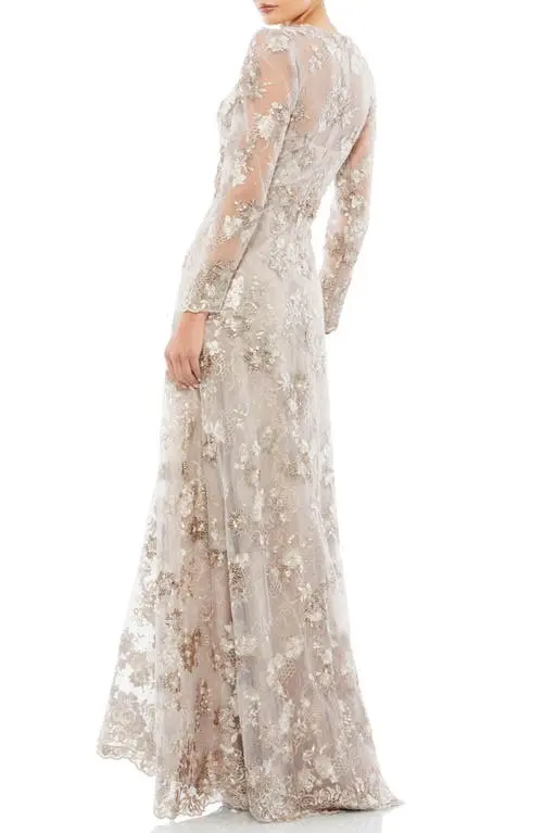 Mac Duggal Floral Embroidered Illusion Long Sleeve Gown