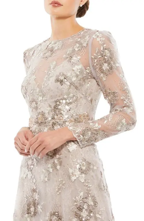 Mac Duggal Floral Embroidered Illusion Long Sleeve Gown