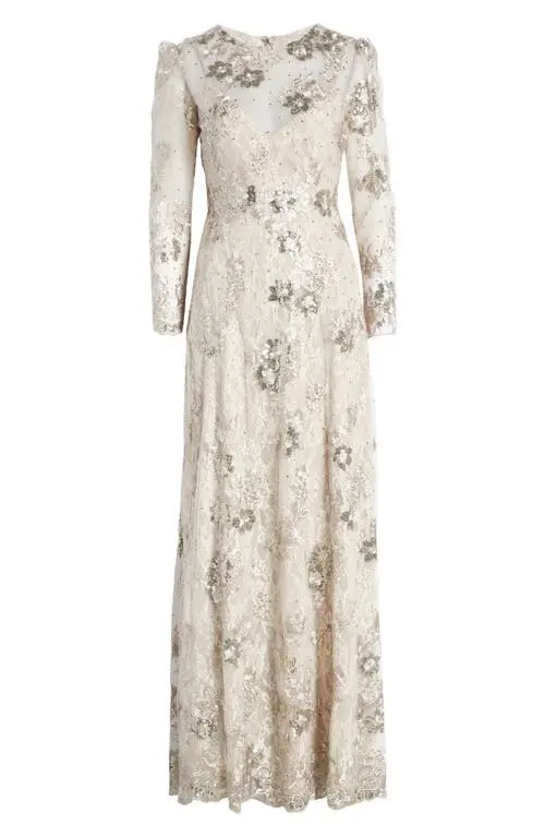 Mac Duggal Floral Embroidered Illusion Long Sleeve Gown