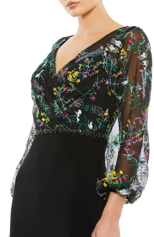 Mac Duggal Embroidered Illusion Puff Sleeve Column Gown - Black/multi