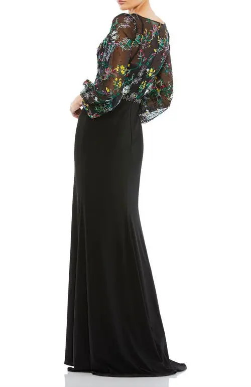 Mac Duggal Embroidered Illusion Puff Sleeve Column Gown - Black/multi