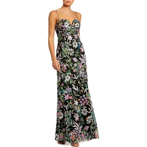 Mac Duggal Floral Embroidered Bustier Trumpet Gown - Black Multi