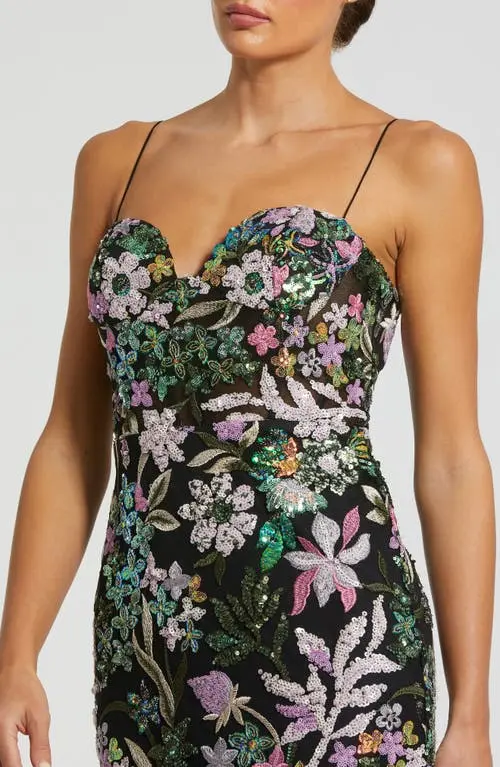 Mac Duggal Floral Embroidered Bustier Trumpet Gown - Black Multi