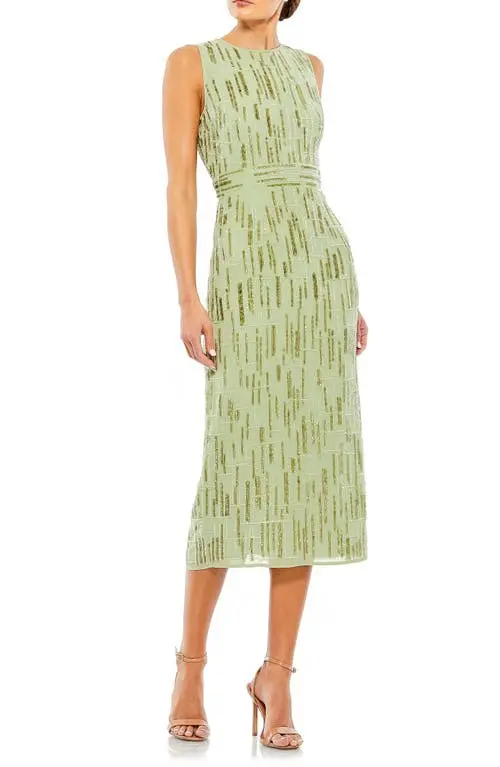 Mac Duggal Abstract Beaded Sleeveless Midi Sheath Dress - Sage