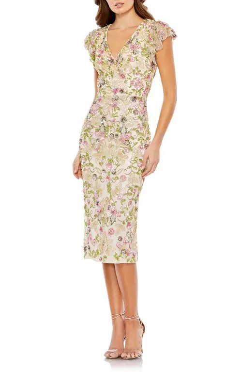 Mac Duggal Floral Embellished Flutter Cap Sleeve Dress - Cream Multi
