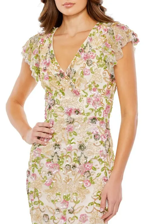 Mac Duggal Floral Embellished Flutter Cap Sleeve Dress