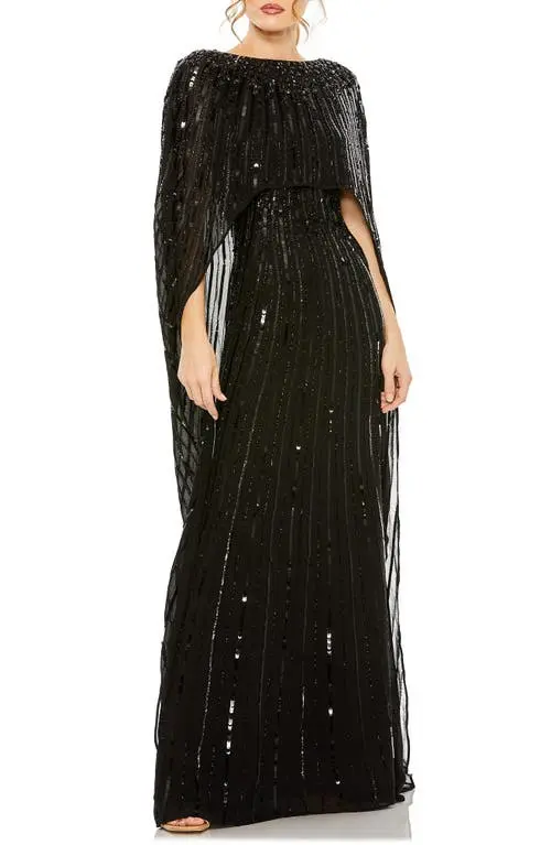 Mac Duggal Embellished Column Cape Gown - Black
