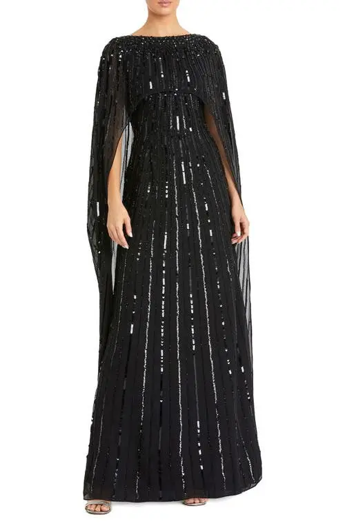 Mac Duggal Embellished Column Cape Gown - Black
