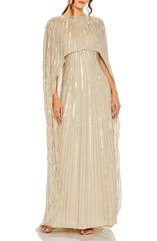 Mac Duggal Embellished Column Cape Gown - Champagne