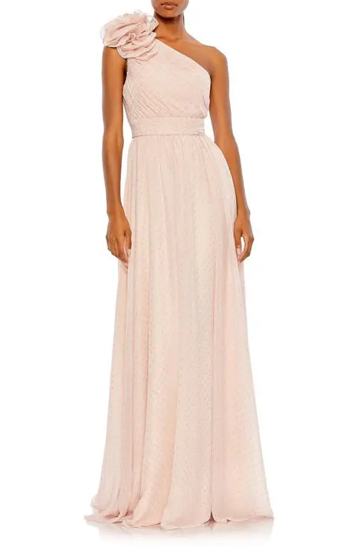 Mac Duggal One-shoulder Polka Dot Chiffon Gown With Ruffle Detail - Porcelain