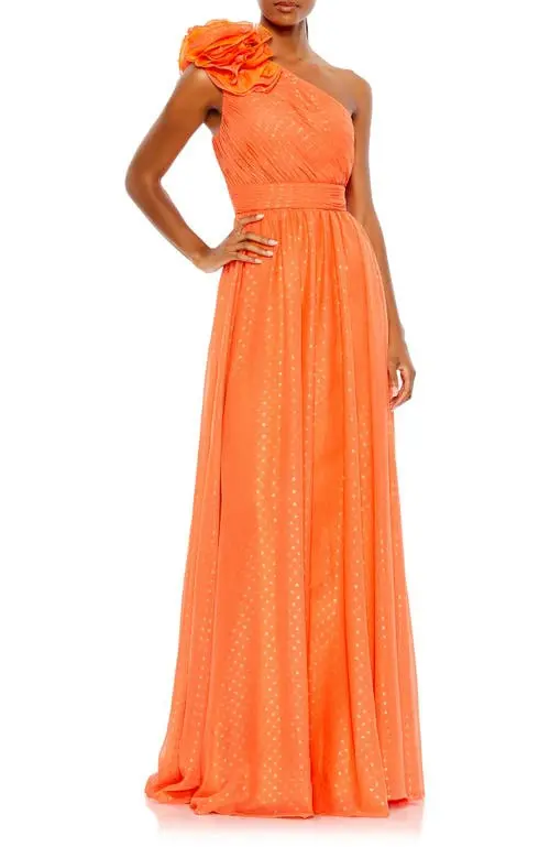 Mac Duggal One-shoulder Polka Dot Chiffon Gown With Ruffle Detail - Tangerine
