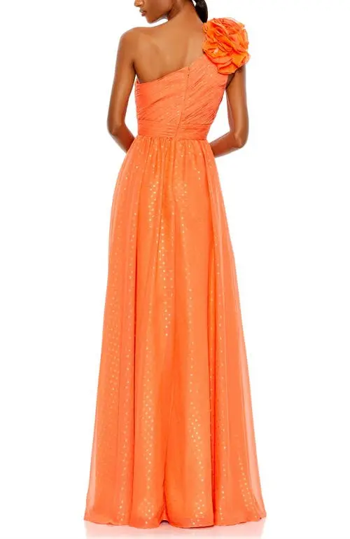 Mac Duggal One-shoulder Polka Dot Chiffon Gown With Ruffle Detail - Tangerine