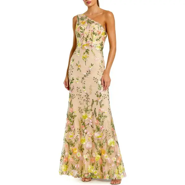 Mac Duggal One-shoulder Embroidered Lace Gown - Yellow Multi