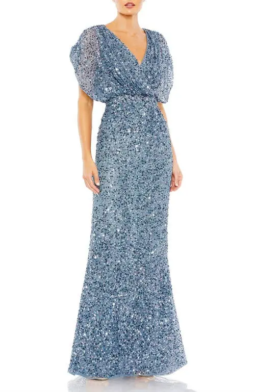 Mac Duggal Draped Sleeve Sequin Gown - Slate Blue