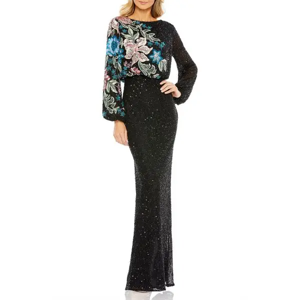 Mac Duggal High Neck Floral Sequin Gown - Black Multi